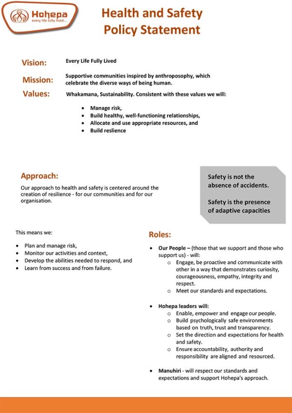 Health and Safety Policy Statement - Hohepa